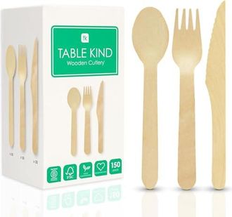 Talking Tables Table Kind 150 x Gro&szlig;packung Besteck aus Holz, biologisch abbaubar, Messer, Gabeln, L&ouml;ffel, perfekt f&uuml;r Geburtstagspartys, Camping, Picknicks oder Gri