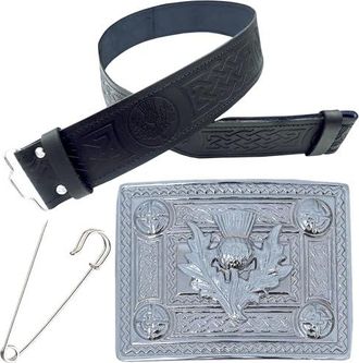 Generic Ensemble ceinture de kilt et boucle - Ceinture de kilt &eacute;l&eacute;gante pour homme en cuir gaufr&eacute; - Boucle en &eacute;tain fabriqu&eacute;e &agrave; la main - Finition argent anti
