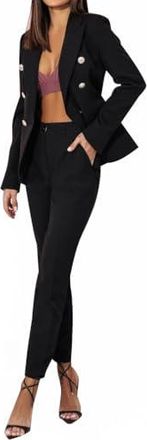 Minetom Tailleur Femme 2 Pièces Elegant Couleur Unie Slim Fit Manche Longue Blazer Veste Formel Bureau Travail Pantalon Ensemble Costumes Outfits A Noir XXL