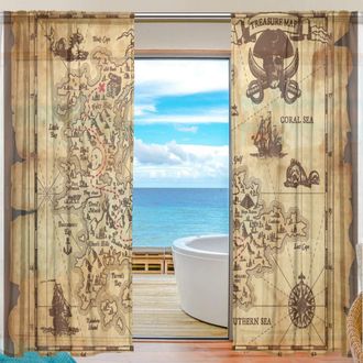 Mnsruu Transparente Vorhänge mit Piratenschatzkarte, 198 cm lang, Tüll, Voile, Fenstervorhang, Vorhang für Wohnzimmer, Schlafzimmer, 2 Paneele
