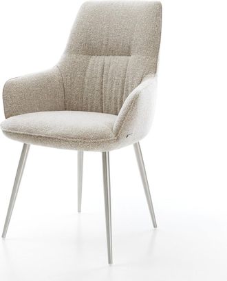 DELIFE Esszimmerstuhl Zelia-Flex mit Armlehnen Webstoff Soft Beige 4-Fu&szlig; konisch Edelstahl Taschenfederkern, Esszimmerst&uuml;hle