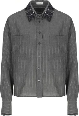Brunello Cucinelli Femme, Blouses et Chemises, Gris, Taille: 40 FR Chemise grise en laine avec paillettes