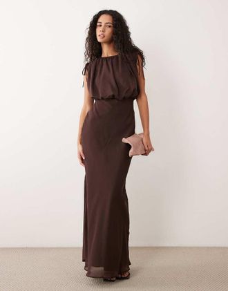 Asos robe longue &agrave; haut bouffant en mousseline-Marron