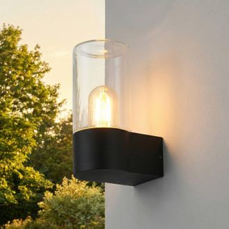Licht-Erlebnisse Au&szlig;enwandleuchte E27 IP44 H: 19,7 cm klein aus Aluminium Rauchglas in Schwarz Bernstein Modern Wandlampe au&szlig;en Hof Haus Au&szlig;enleuchte Wand Veranda
