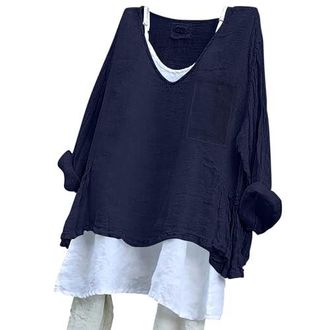 Generic Chemisier Femme Coton Et Lin Chic Et Elegant D&eacute;contract&eacute;s Chemisiers Et Blouses D&eacute;t&eacute; &Agrave; Manches Longues Col V Loose Top Legers Respirant Tunic Mode Cot