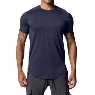 Generic T-shirt de sport fonctionnel pour homme - S&eacute;chage rapide - Avec ourlet allong&eacute; - Manches courtes - Respirant - Pour lentra&icirc;nement en plein air, Marine