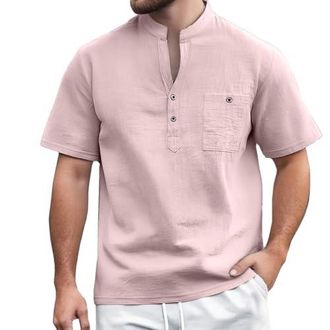 Generico Chemise d&eacute;t&eacute; en lin pour homme, manches courtes, en coton et lin, chemise d&eacute;contract&eacute;e en lin, coupe r&eacute;guli&egrave;re, chemise traditionnelle, Ros&eacute;, XXXL