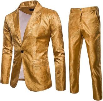 Generic Costume 2 pi&egrave;ces pour homme - Coupe ajust&eacute;e - En jacquard - Avec un bouton - Pour f&ecirc;te, mariage, jaune, XXL