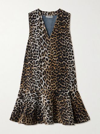 Ganni Minikleid Aus Beflocktem, Recyceltem Denim Mit Leopardenprint - Animal-Print