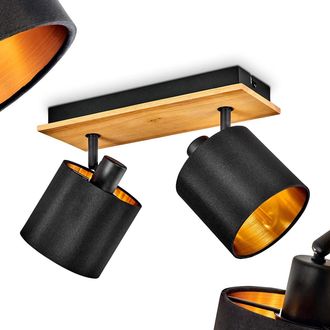 HOFSTEIN Deckenleuchte Alsen, moderne Deckenlampe aus Holz/Metall/Stoff in Natur/Schwarz/Goldfarben, Leuchte im skandinavischen Design mit verstellbaren Schirm