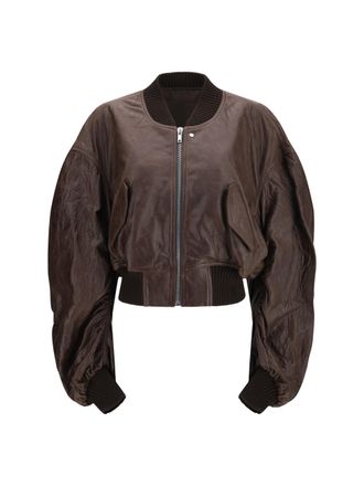 Rick Owens Womens Bomber Jacket Cropped Leather Brown Calf Puffer