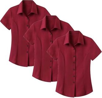 Generic Lot de 3 chemisiers &agrave; manches courtes pour femme - D&eacute;contract&eacute; - Coupe droite - Col en V - Boutonn&eacute; - Couleur unie - D&eacute;contract&eacute; - Basique - Chemise d