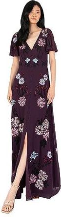 Maya Womens Maxi Dress Ladies Embroidered Sequin Embellished Button Front Split for Wedding Guest Bridesmaid Prom Evening Femme Robes, Berry, 48