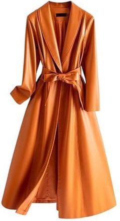 Generic Trench en similicuir pour femme - Longueur mi-longue - Manches longues - Bouton - Pour motard - Tendance - Avec ceinture, Orange, 4XL