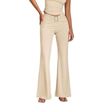 Generic Pantalon habill&eacute; bootcut pour femme - Pantalon de travail d&eacute;contract&eacute; carr&eacute; avec strass - Legging &eacute;vas&eacute; confortable avec poche, abricot, XXL