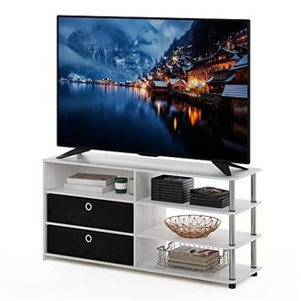 Furinno Jaya Meuble TV Conception Simple avec Poubelles Jusqu&agrave; 55 pouces, Ch&ecirc;ne Blanc/Acier Inoxydable/Noir