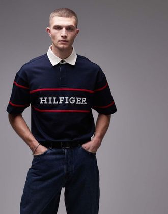 Tommy Hilfiger Maillot de rugby manches courtes &agrave; motif drapeau am&eacute;ricain - Bleu marine