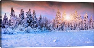 Posterlounge Winter-Sonnenaufgang im Bergwald Leinwandbild 80 x 40 cm Wandbilder Wanddeko