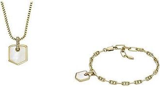 Fossil Collier Heritage Crest et bracelet pour femme Mother of Pearl, collier en acier inoxydable ton or et bracelet en laiton ton or