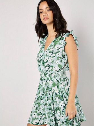 Apricot Minikleid Florales Minikleid mit R&uuml;schen&auml;rmeln