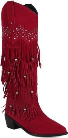 Generic Bottes déquitation vintage pour femme avec franges et rivets décoratifs, larges mollets à enfiler, chaussures habillées décontractées, rouge vin, 39.5