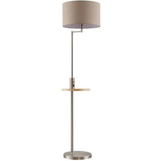Lindby Lindby - Lampadaire tissu avec port USB - Abat-jour cylindrique beige - Structure en m&eacute;tal nickel - Tablette en bois clair pour salon