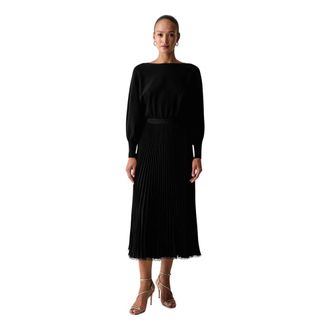 Twinset Robe longue en maille et cr&ecirc;pe pliss&eacute; - Femme - Robes - Noir - Taille: 42 FR