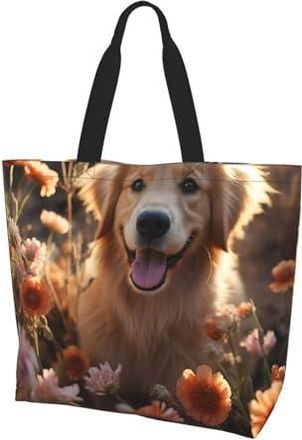 Generic Golden Retriever Et Fleurs Sac Courses L&eacute;ger Tote Bag Imperm&eacute;able Sac Cabas Pour Universit&eacute; Travail Voyage