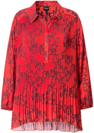 Ulla Popken Longbluse Plissee-Bluse Schriftmuster A-Linie Hemdkragen