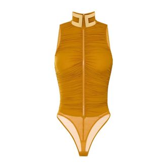 Elisabetta Franchi &Auml;rmelloser Body mit Drapierung und Juwelenkragen - - Tops - Damen - Gelb - M
