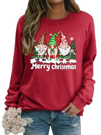 Dresswel Pull de No&euml;l pour femmes - Merry Christmas - Sweatshirt dr&ocirc;le avec impression de gnomes - Coton - Pull de No&euml;l - Tops de No&euml;l - Pull de No&euml;l pour adol