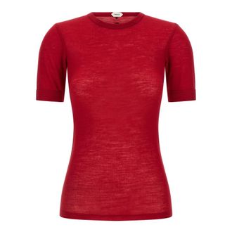 Versace Femme, Tops, Rouge, Taille: 34 FR T-shirt en maille c&ocirc;tel&eacute;e de laine brod&eacute;e