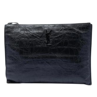 Saint Laurent Pre-owned Croc Embossed Leather Clutch - - Pre-owned - Damen - Schwarzk - ONE SIZE
