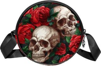 Generic Petit sac &agrave; bandouli&egrave;re circulaire pour femme, motif cr&acirc;nes, fleurs, petit sac &agrave; bandouli&egrave;re avec fermeture &eacute;clair, bretelles r&eacute;glables, sac &agrave; main ro