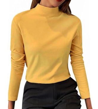 Minetom Femme sous-vêtement Thermique T-Shirt Casual Uni Manches Longues Automne Hiver Chaud Shirts Hauts Tops B Jaune XS