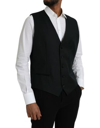 Dolce & Gabbana Mens Black Wool Waistcoat Dress Formal Vest Silk Polyester