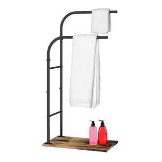 Relaxdays Handtuchst&auml;nder mit Ablage, HxBxT: 80,5x40x24 cm, Industrial, 2 Stangen, Handtuchhalter, Dunkelbraun/schwarz