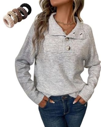 Generic Pull en tricot torsad&eacute; boutonn&eacute; &agrave; col montant pour femme, manches longues, confortable, l&eacute;ger, ample, d&eacute;contract&eacute;, travail, automne, gris, XL