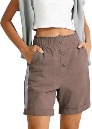 Generic Short en coton et lin pour femme - Taille &eacute;lastique - Avec poches - Style d&eacute;contract&eacute; - Rayures lat&eacute;rales - Braguette &agrave; boutons - Ourlet pli&eacute; - Coupe 