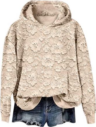 Generic Sweat à capuche en dentelle imprimée de fleurs 3D pour femme, pull surdimensionné en polaire douce et élégant, détails floraux complexes pour un bord 