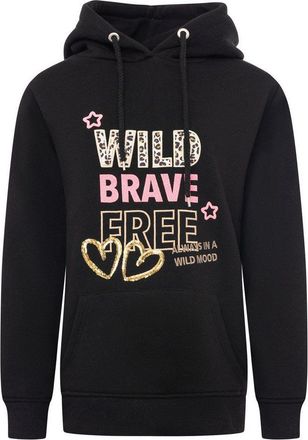 Zwillingsherz Hoodie Wild Brave Free gestickter Schriftzug, mit Pailletten, Leomuster, Fronttasche, Kapuze