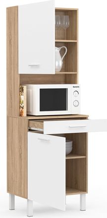 IDMarket K&uuml;chenbuffet 60 cm CINA 2 T&uuml;ren + Schublade in Buchenholzoptik und Wei&szlig;