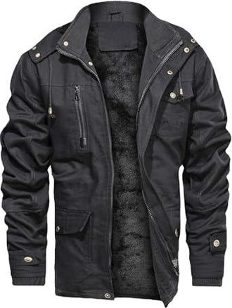 Generic Veste cargo en polaire pour homme - Style décontracté - Épais - Plusieurs poches - Pour le travail - Chaud - Avec capuche, Noir, M