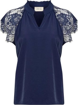 Cream Femme, Blouses et Chemises, Bleu, Taille: 40 FR Chemisier en Dentelle Bleu Marine avec Col en V
