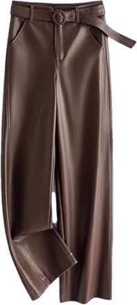 Generic Pantalon droit en peau de mouton pour femme - Ceinture taille haute - Pantalon d&eacute;contract&eacute; en cuir v&eacute;ritable, caf&eacute;, L