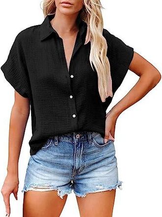 Generic Chemisier en lin pour femme - Grandes tailles - Chemise en lin &agrave; manches courtes - Noir - Pour femme - Chemisier d&eacute;t&eacute; en mousseline avec boutons - Tun