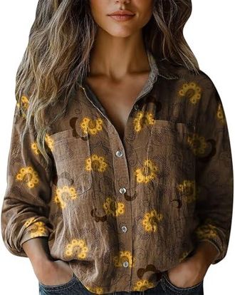 Generico Chemisier &agrave; manches longues pour femme - L&eacute;ger et a&eacute;r&eacute; - Chemise de plage - Col en V - Boutonni&egrave;re - Style vintage - Boho - Chemise florale tendance -