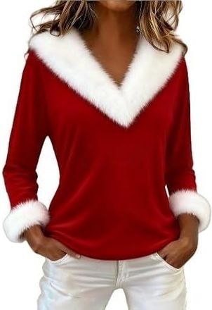 Generic Haut tricot&eacute; d&eacute;contract&eacute; &agrave; col en fourrure pour femme - Manches longues - Col en V - Pour les vacances, Rouge, XL