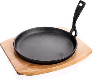 Banquet rund Servierteller aus Gusseisen Pfanne auf Holzst&auml;nder mit abnehmbarem Griff, schwarz, 2 St&uuml;ck, 24 x 28.5 x 5.5 cm