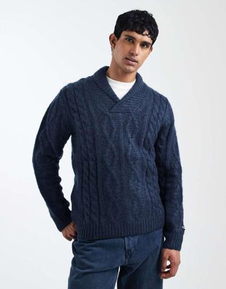 Levi's Polaris - Pull en maille torsadée à col châle - Bleu marine chiné